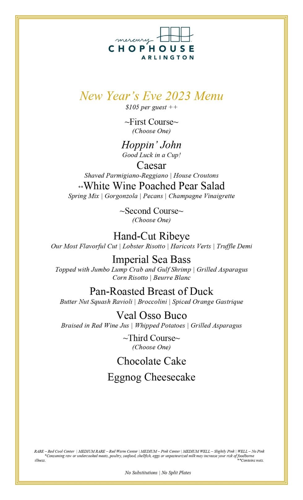 New Year’s Eve Menu - Mercury Chophouse